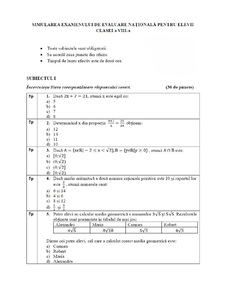 Simulare en 2025 - Noiembrie 2024 - Scoala 307 Bucuresti - P10001 | PDF