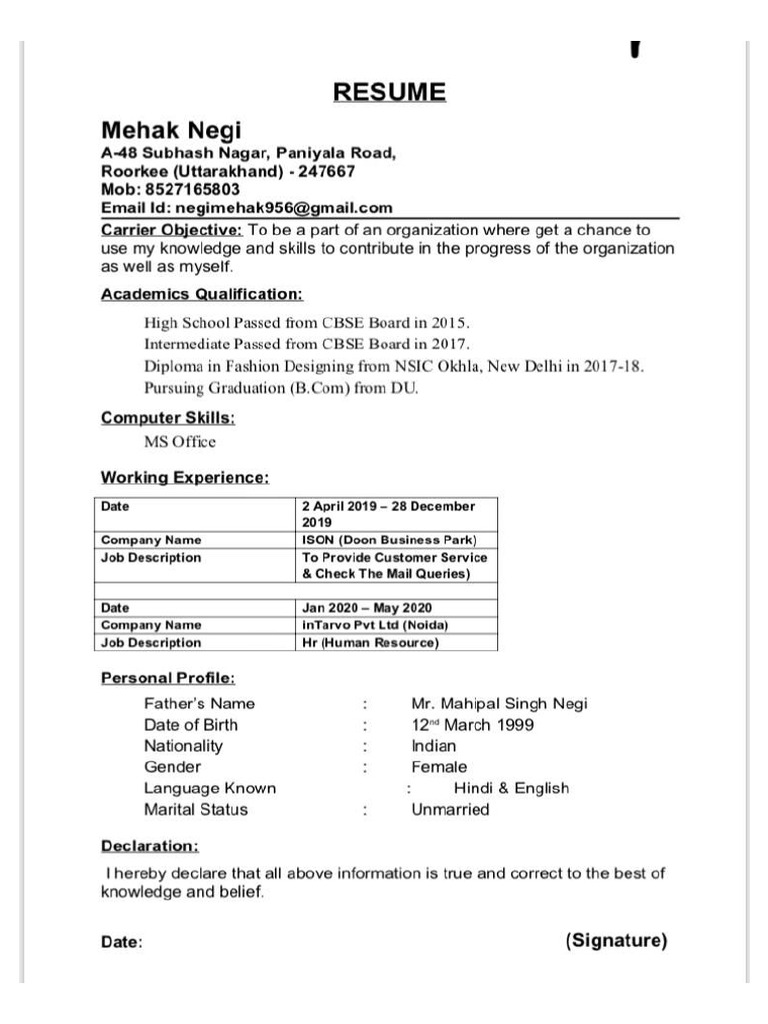 Mehak Negi Resume | PDF