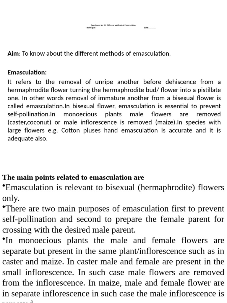 Practice 1 Emasculation Methods | PDF | Flowers | Pollination