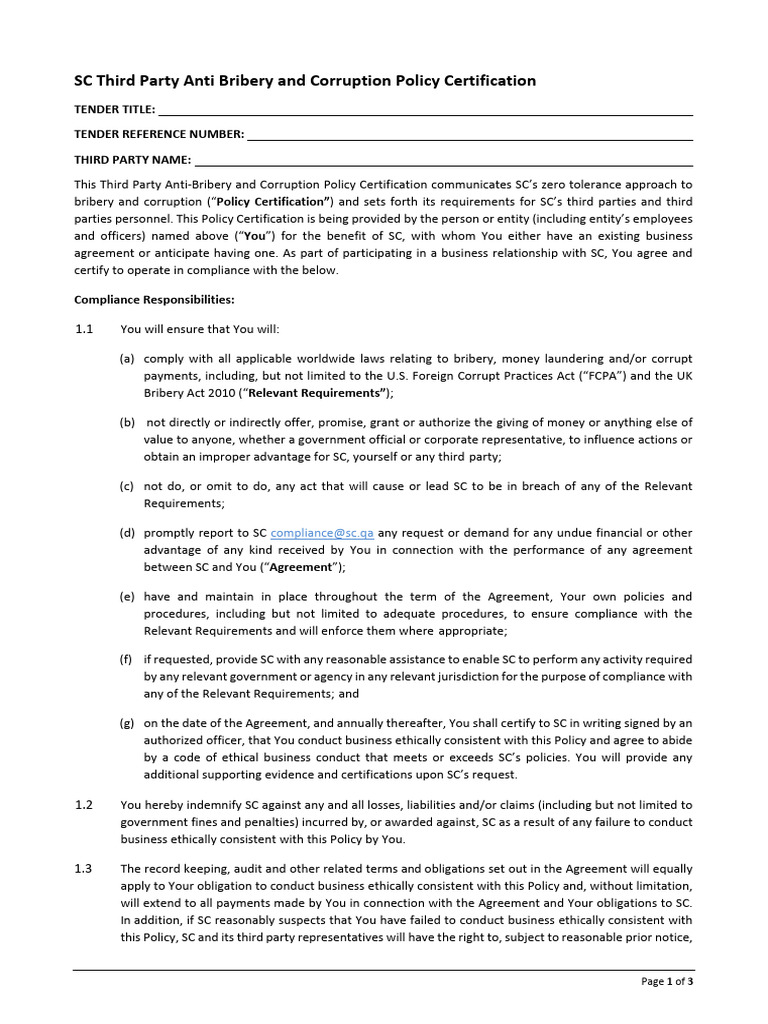 Anti-Bribery Policy Certification | PDF | Bribery | Corruption