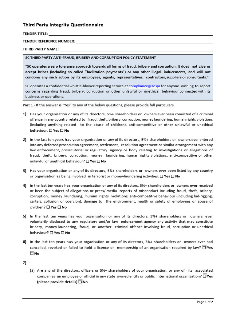 Third Party Integrity Questionnaire | PDF | Corruption | Bribery