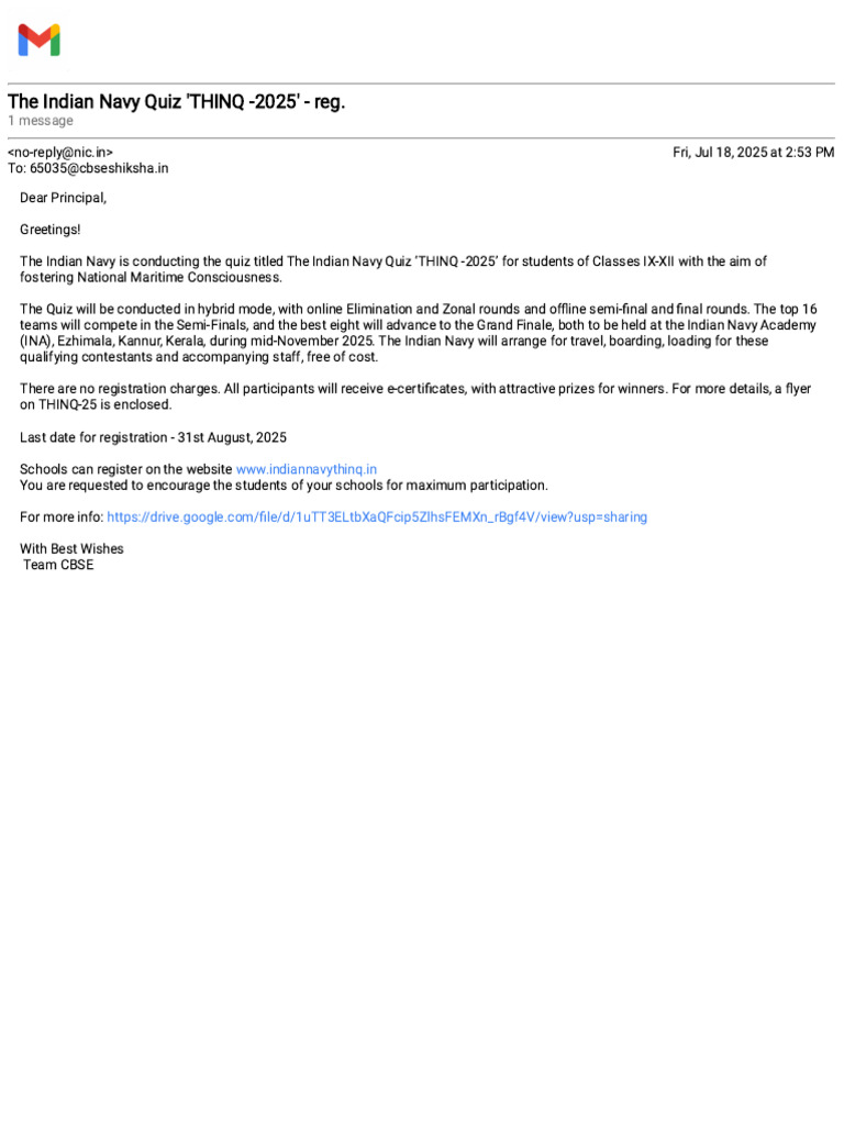 Gmail - The Indian Navy Quiz 'THINQ - 2025' - Reg. | PDF