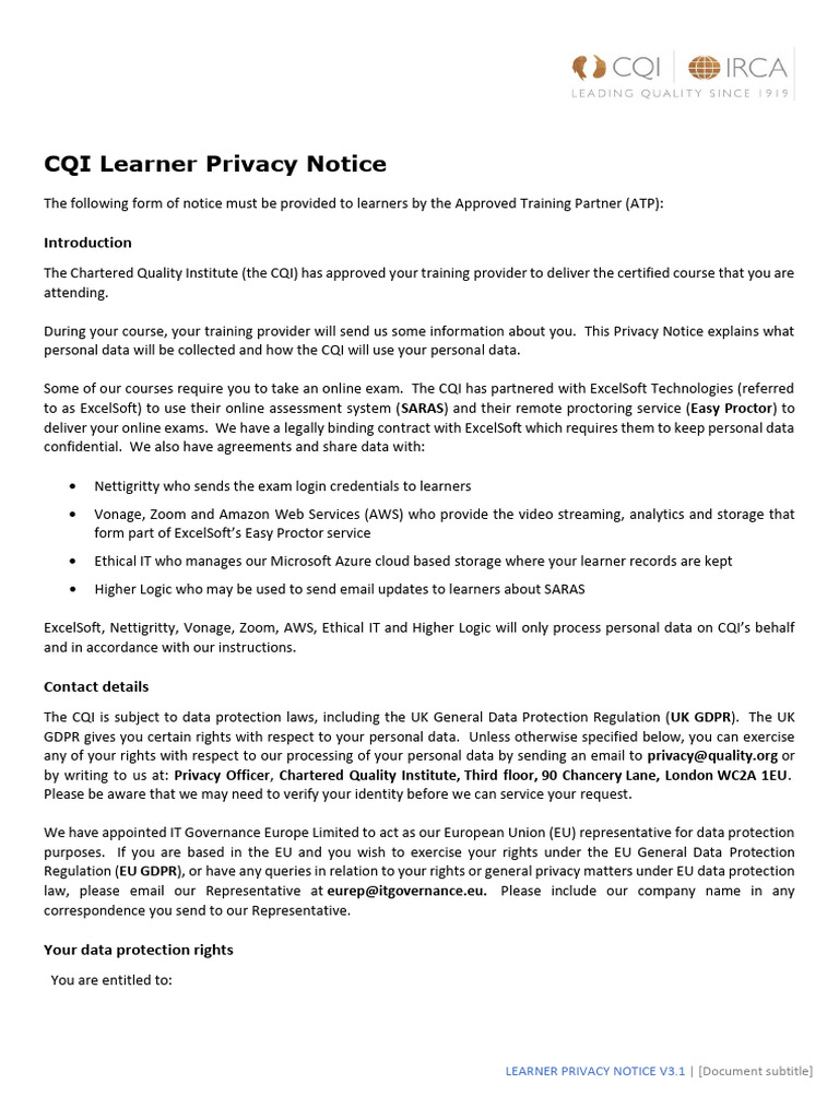CQI Learner Privacy Notice v3.1 | PDF | Information Privacy | Computing