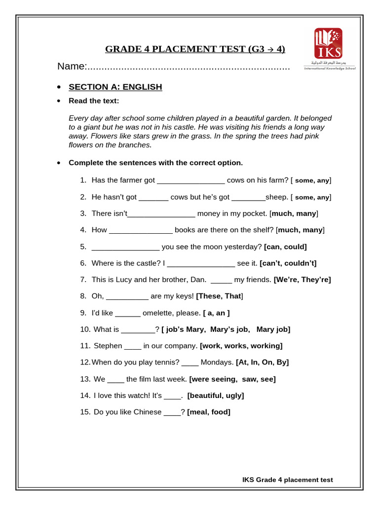 Grade 4 Placement Test | PDF | Chess Openings | Chess Theory