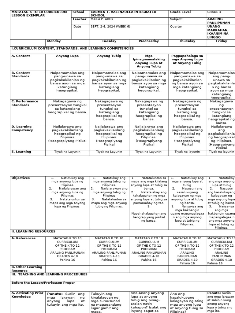 Grade 4-Q1W6 (Matatag Le) - Ap | PDF