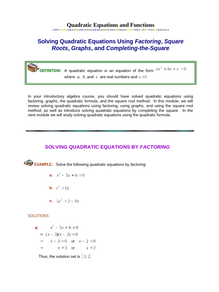 Solving Quadratic Equations Guide | PDF | Factorization | Quadratic ...