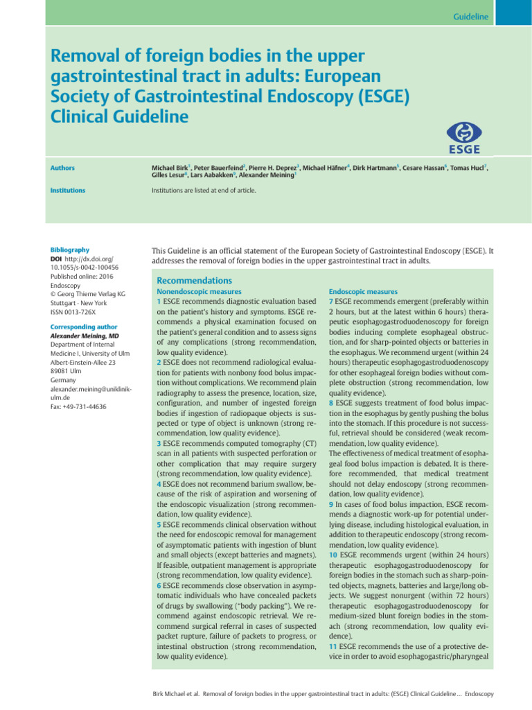 ESGE Guidelines for Foreign Body Removal | PDF | Esophagus | Radiography