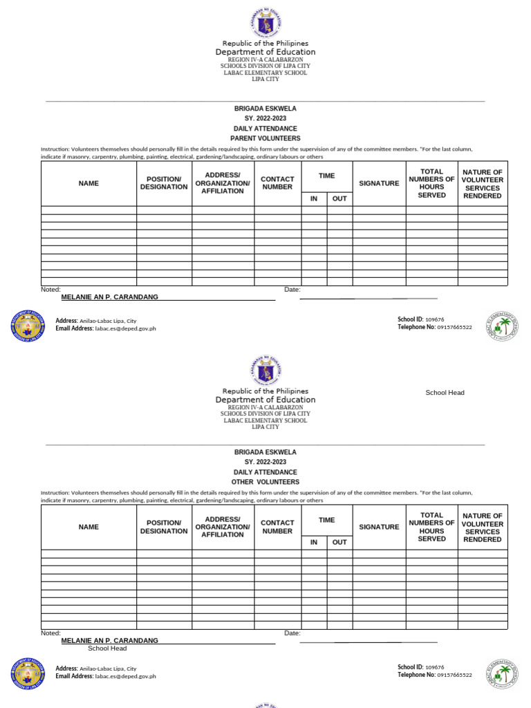 Brigada 2022 Attendance Parent Volunteers | PDF
