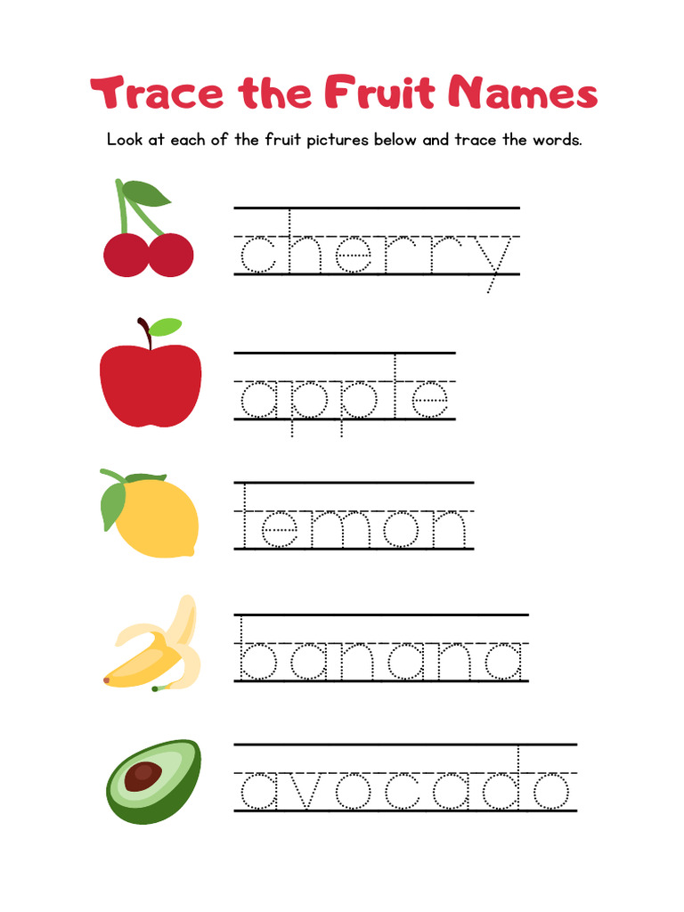 Colorful Trace The Fruit Names Worksheet | PDF