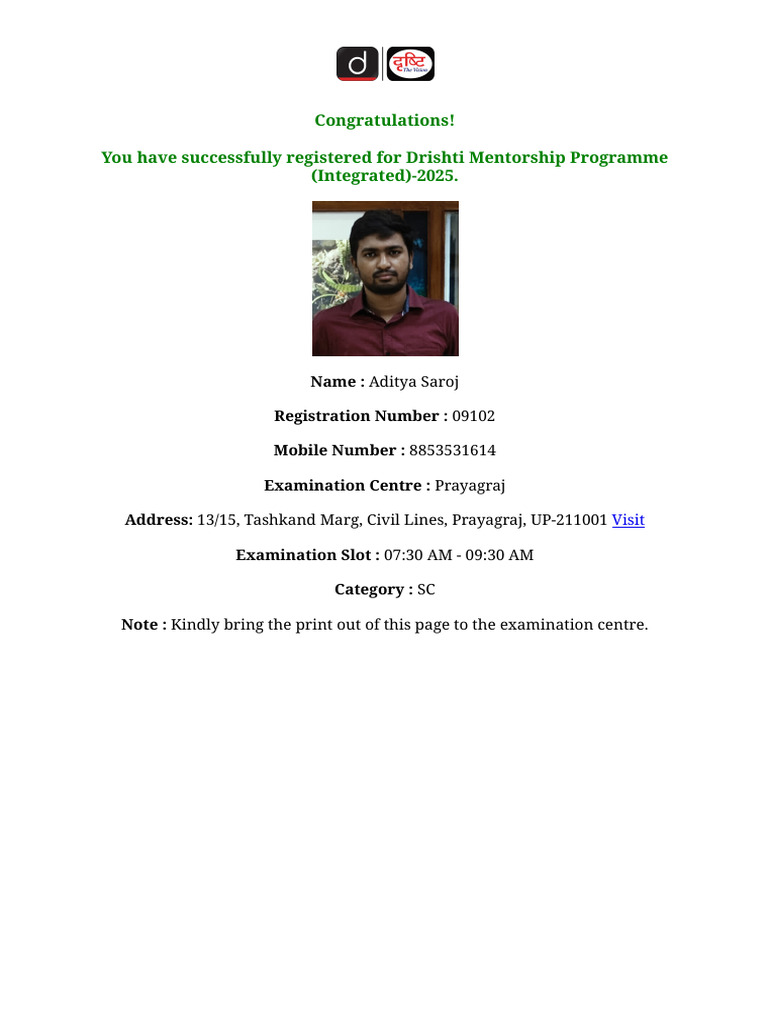 Drishti Mentorship Admit Card 2025 | PDF