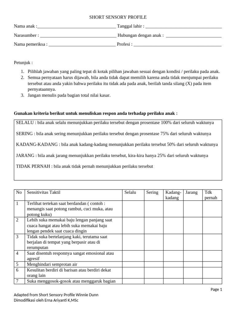 Form Short Sensory Profile | PDF