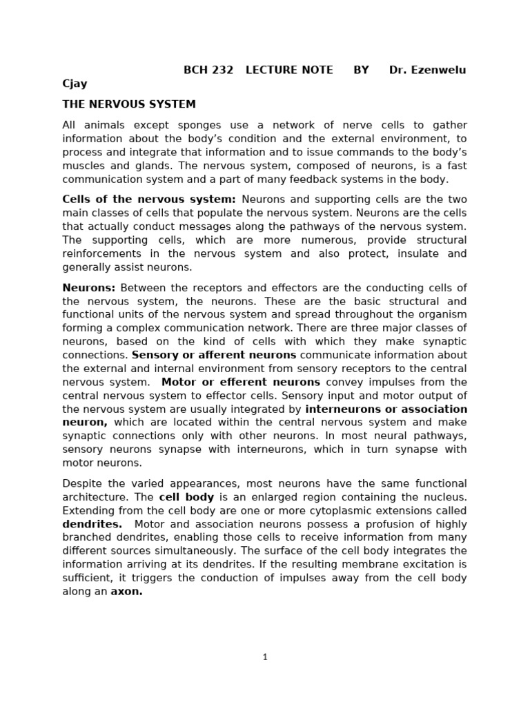 Nervous System Lecture Note | PDF | Chemical Synapse | Inhibitory Postsynaptic Potential