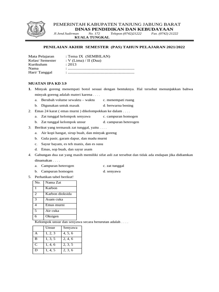 Soal Pas Tema 9 Kelas 5 | PDF