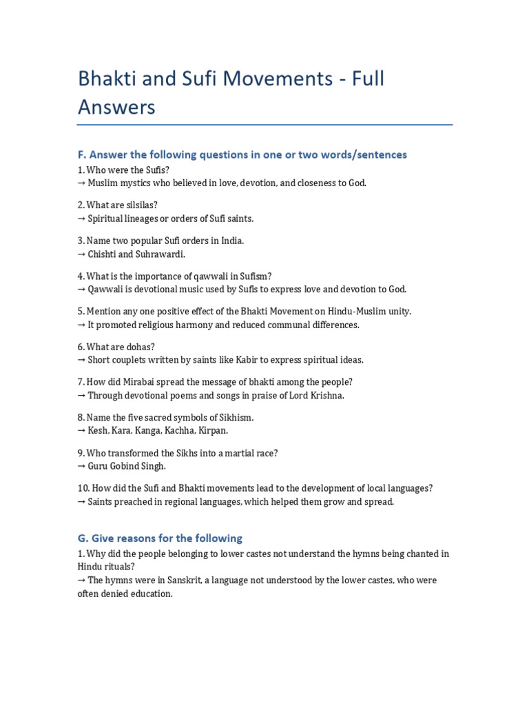 Bhakti and Sufi Movements Answers | PDF | Bhakti | Sufism