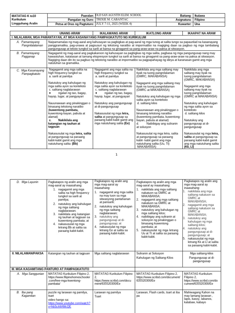 Filipino DLL 2 q1 w4 | PDF
