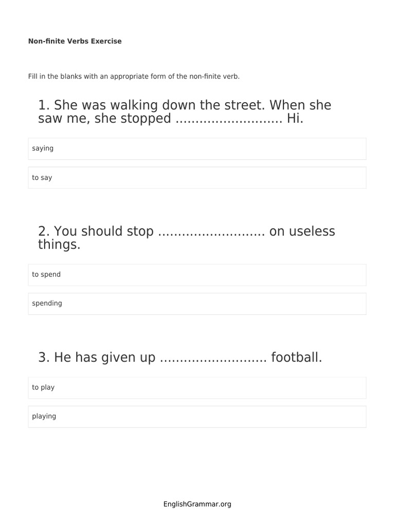 Non-Finite Verbs Exercise | PDF