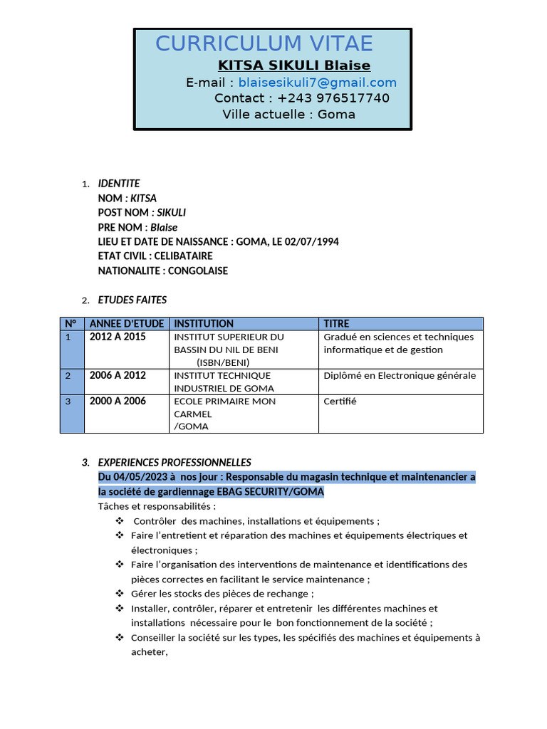 CV de Blaise Kitsa Sikulu - Logistique et Maintenance | PDF ...