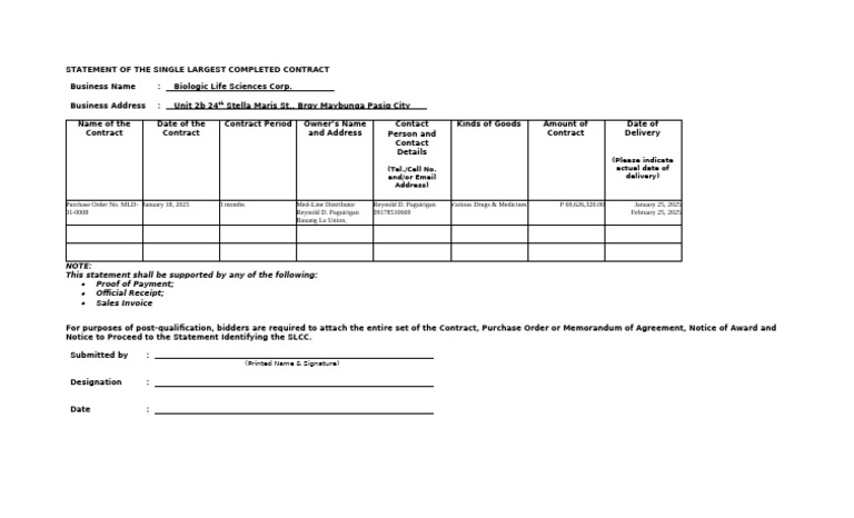 Single Largest Completed Contract Statement | PDF
