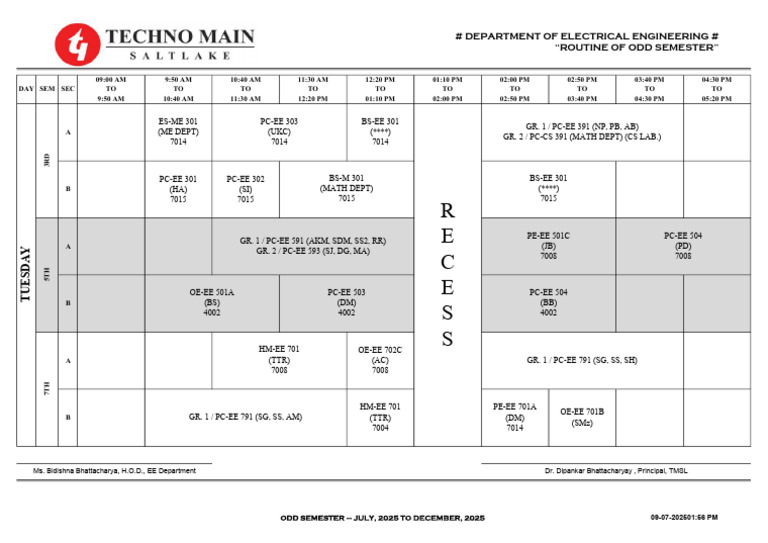 Electrical Engineering Odd Semester Schedule | PDF