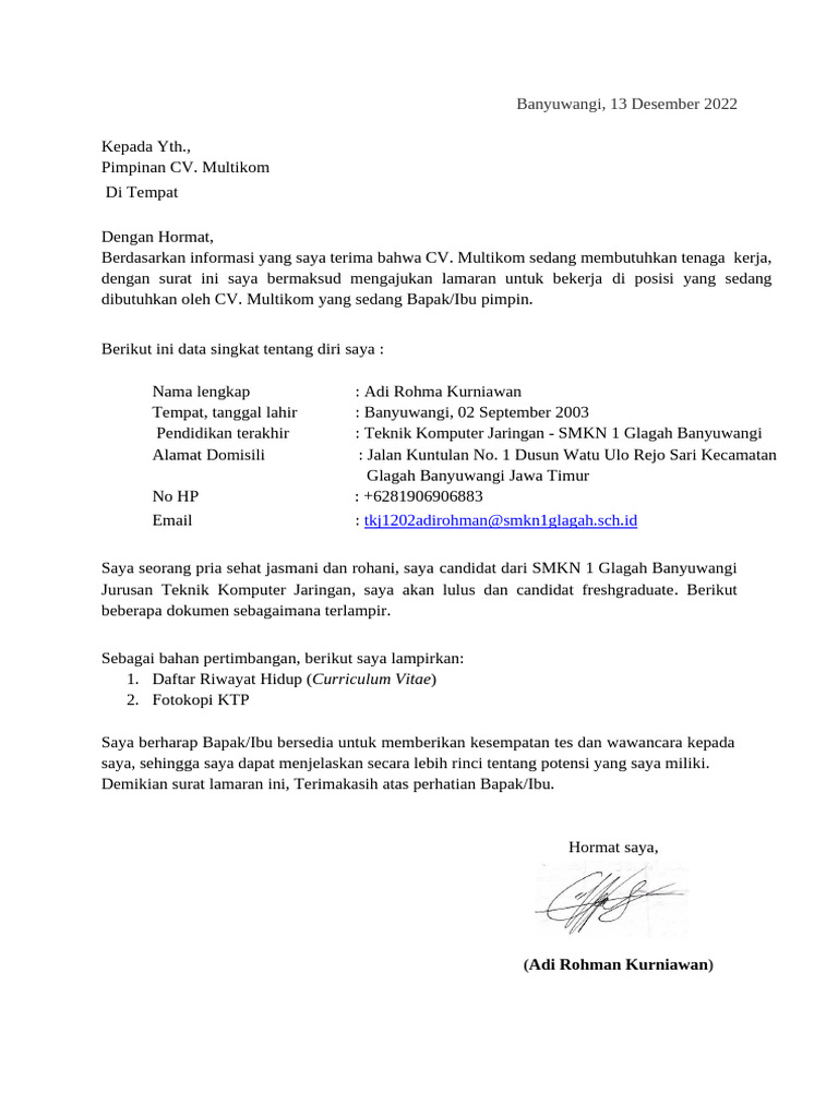 Surat Lamaran Adi | PDF