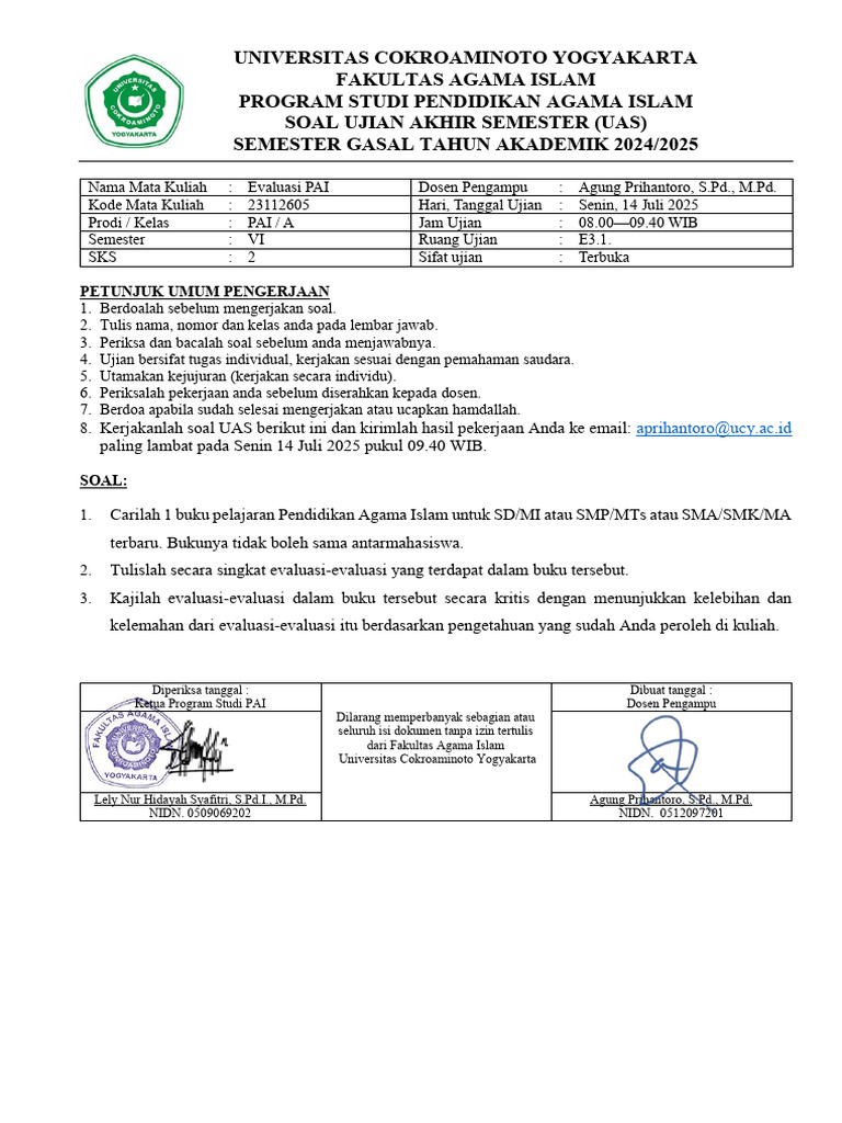 Uas MK Evaluasi Pai Ucy 2024 | PDF