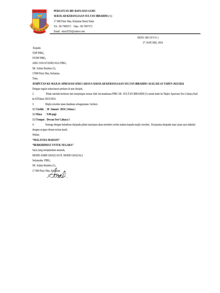 SURAT JEMPUTAN AJK PIBG - Majlis Apresiasi | PDF