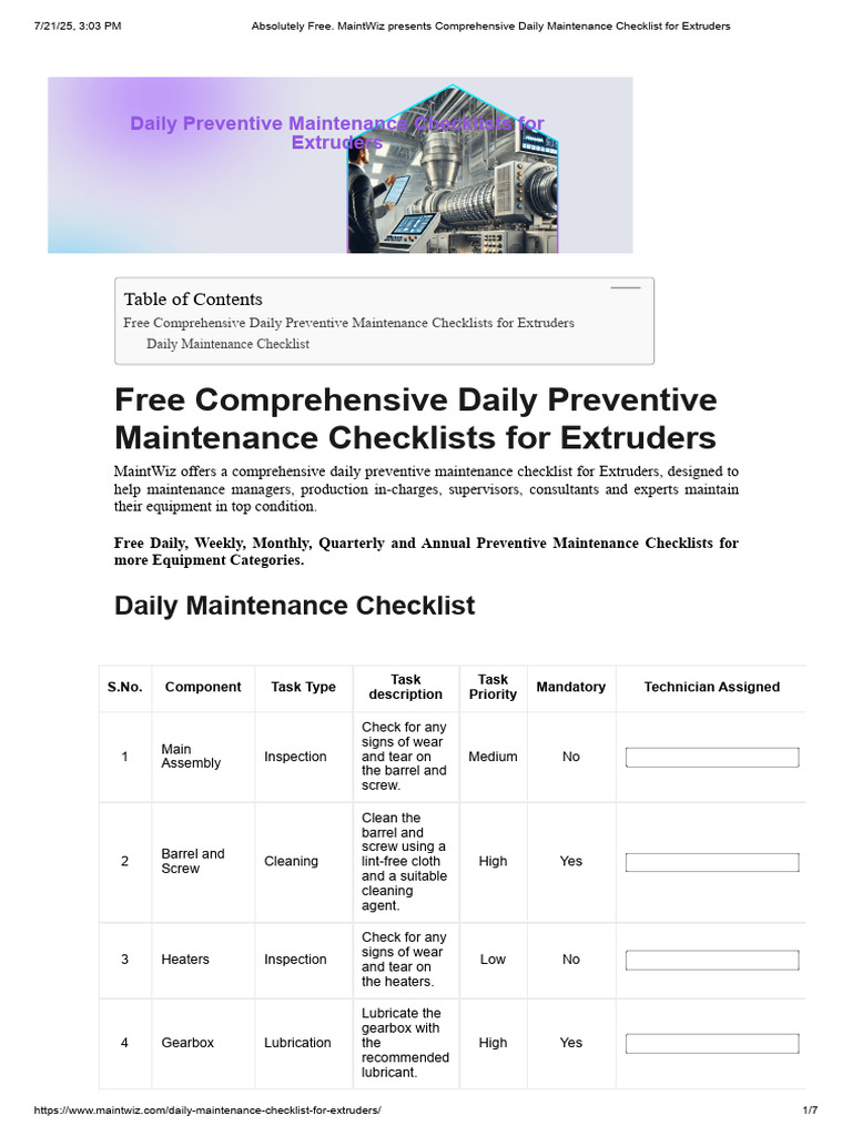 Absolutely Free. MaintWiz Presents Comprehensive Daily Maintenance ...