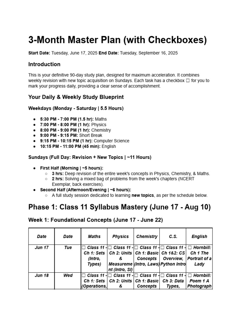 3-Month Master Plan (With Checkboxes) | PDF | Hydrocarbons | Redox