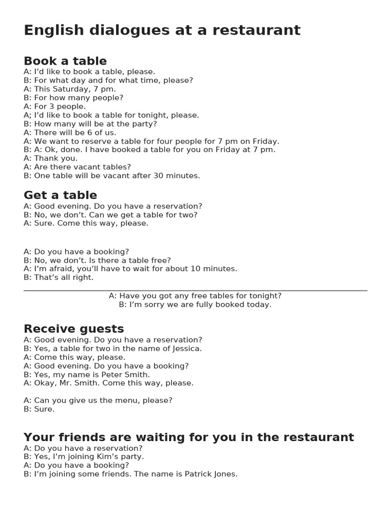 Restaurant English Dialogues Guide | PDF | Cooking | Foods