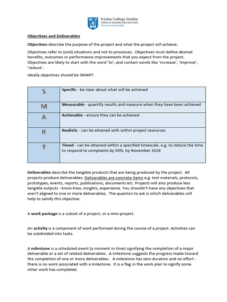 SMART Project Objectives and Deliverables | PDF