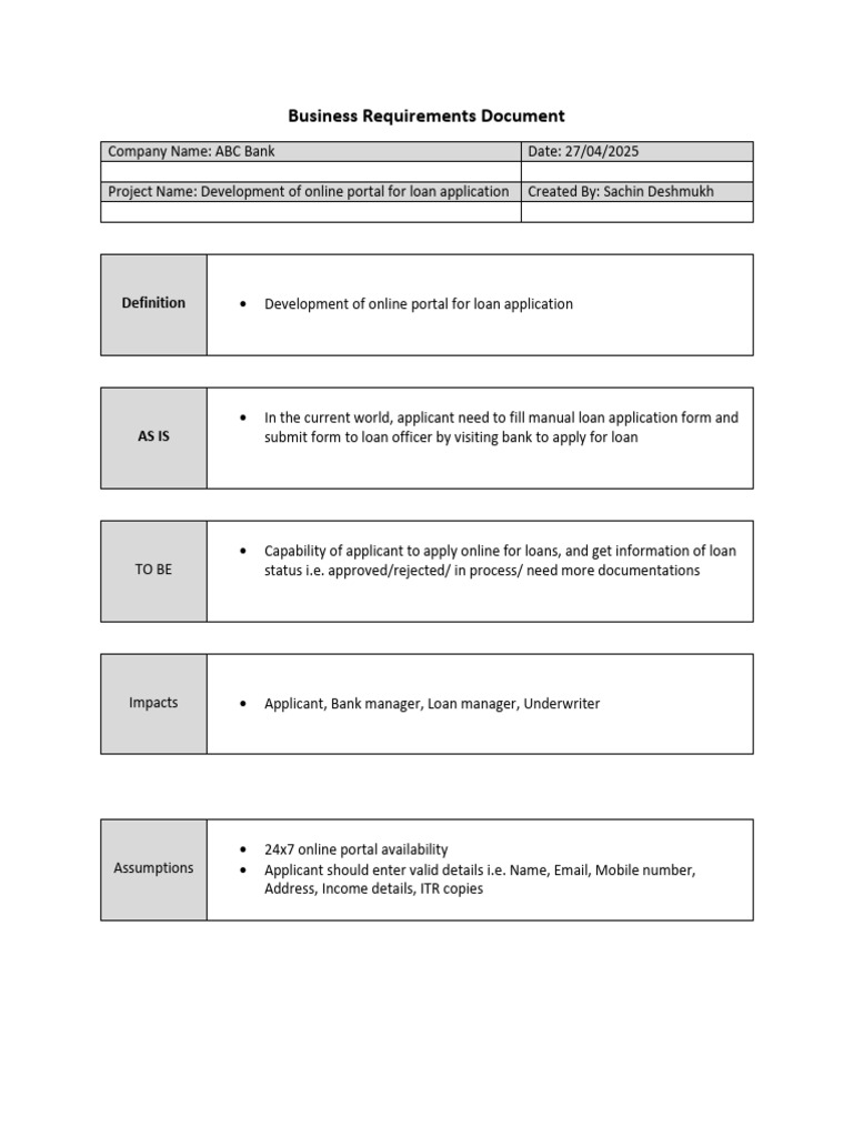 BRD For Loan Application Process | PDF
