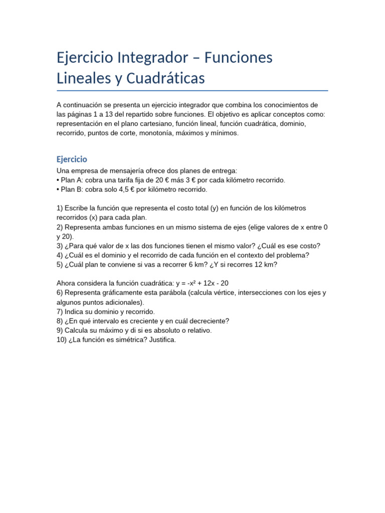 Ejercicio Integrador Funciones Lineales Cuadraticas | PDF