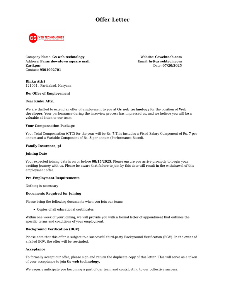 Web Developer Offer Letter from Gs Web Tech | PDF