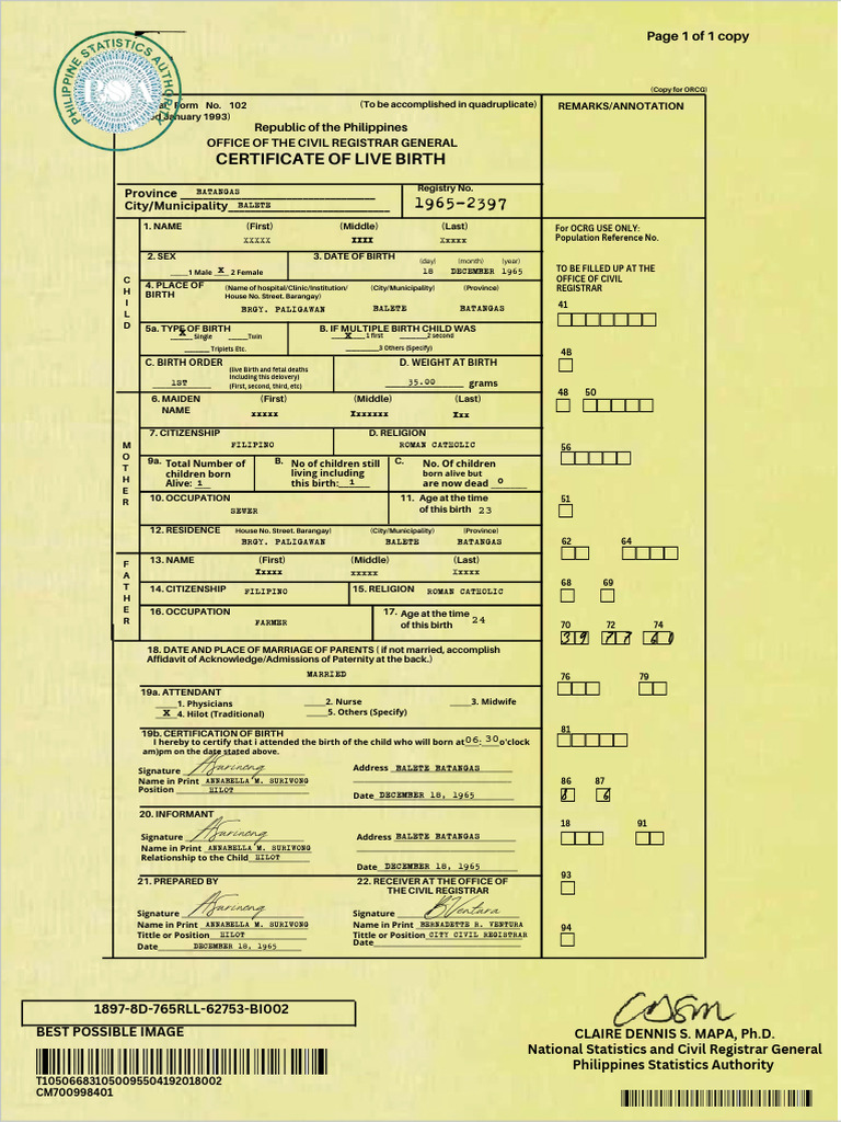 PSA Certificate of Live Birth Form | PDF | Social Institutions