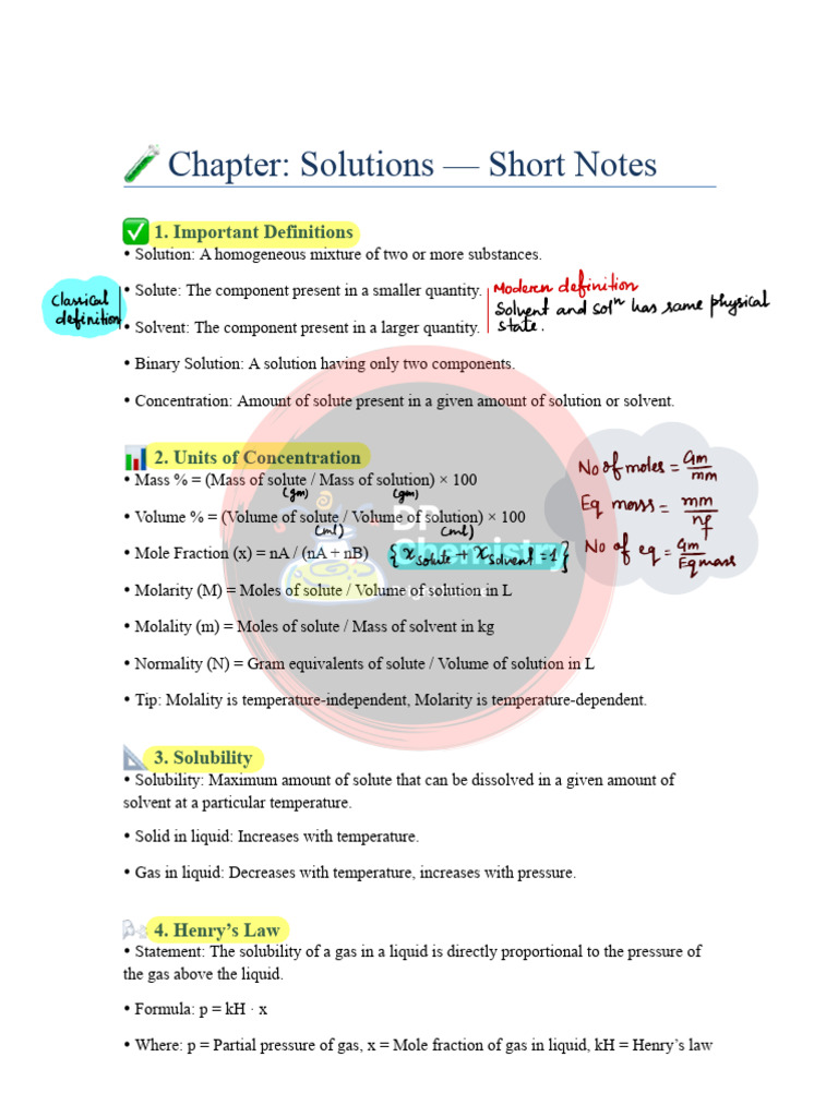 Solutions Short Notes | PDF | Solubility | Concentration