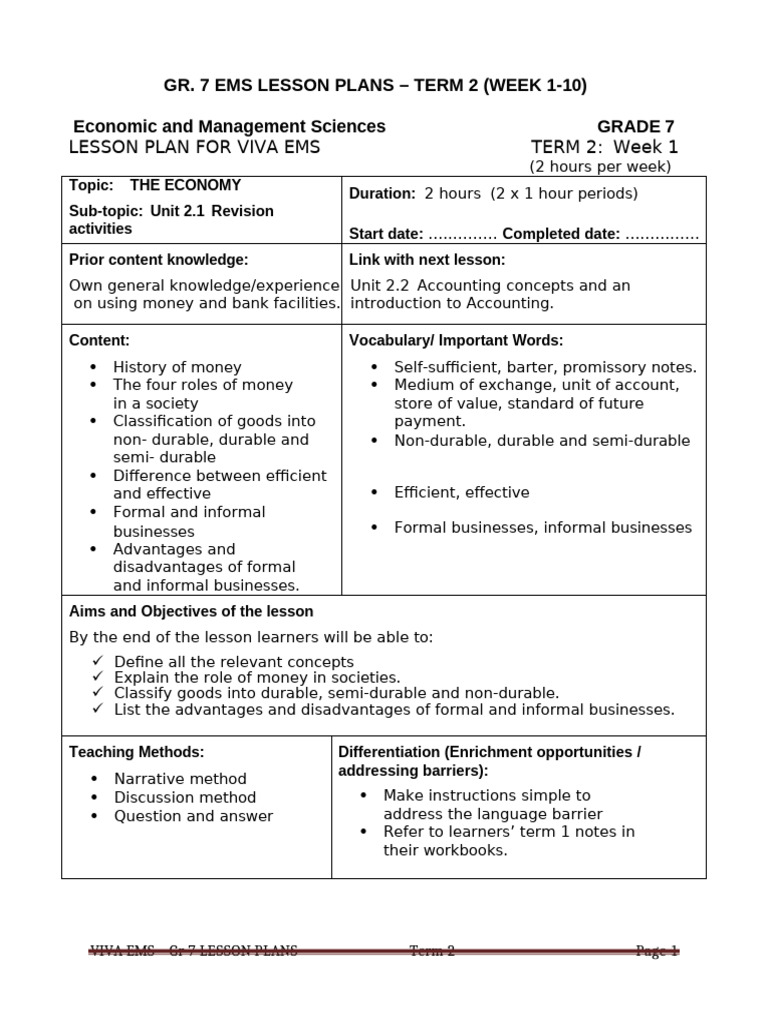 Final Ems GR 7 Lesson Plans Term 2 Week 1 102 | PDF | Lesson Plan | Budget
