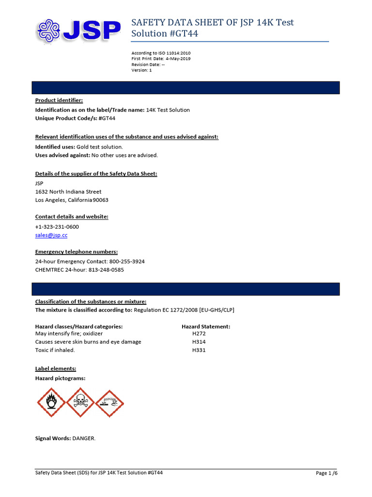 SDS JSP GT 490 GT44 14K Au | PDF | Toxicity | Dangerous Goods