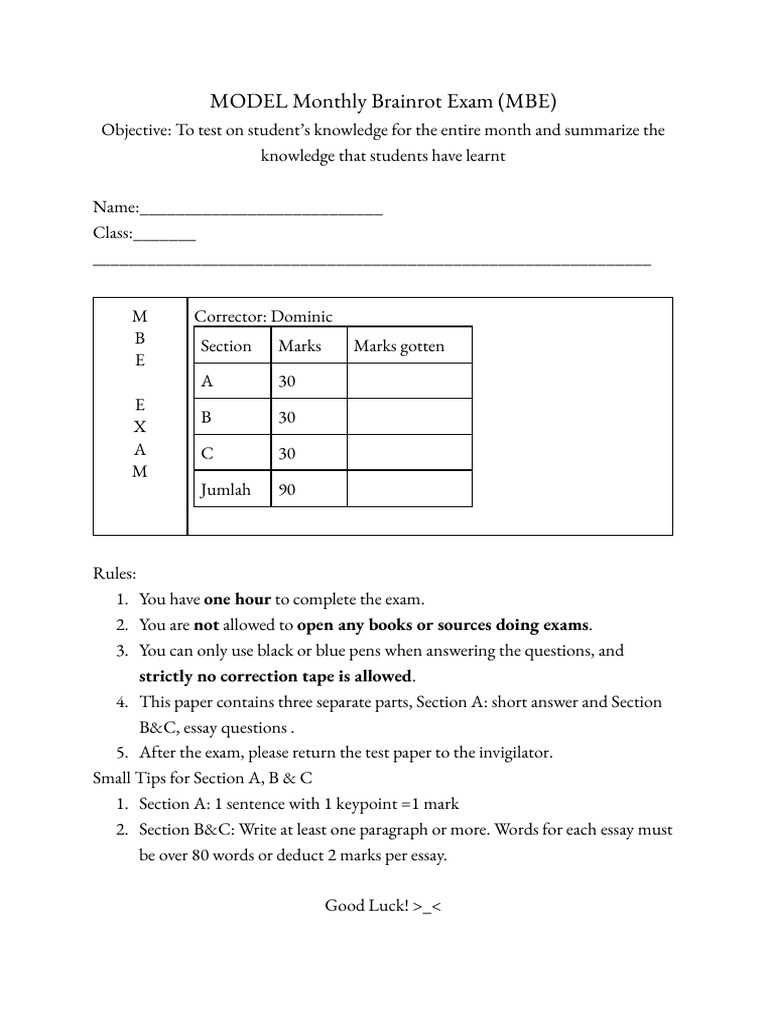 Monthly Brainrot Exam Overview | PDF