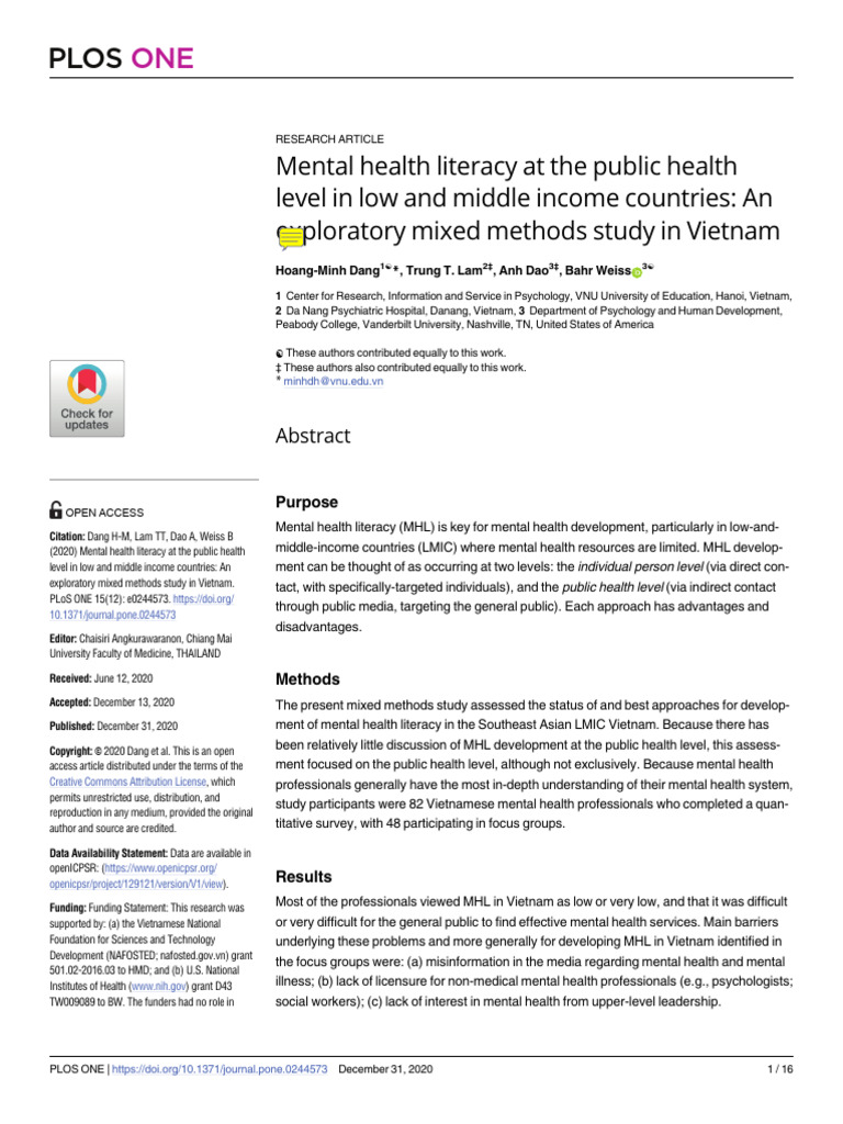 Mental Health Literacy at The Public Health Level in Low and Middle ...