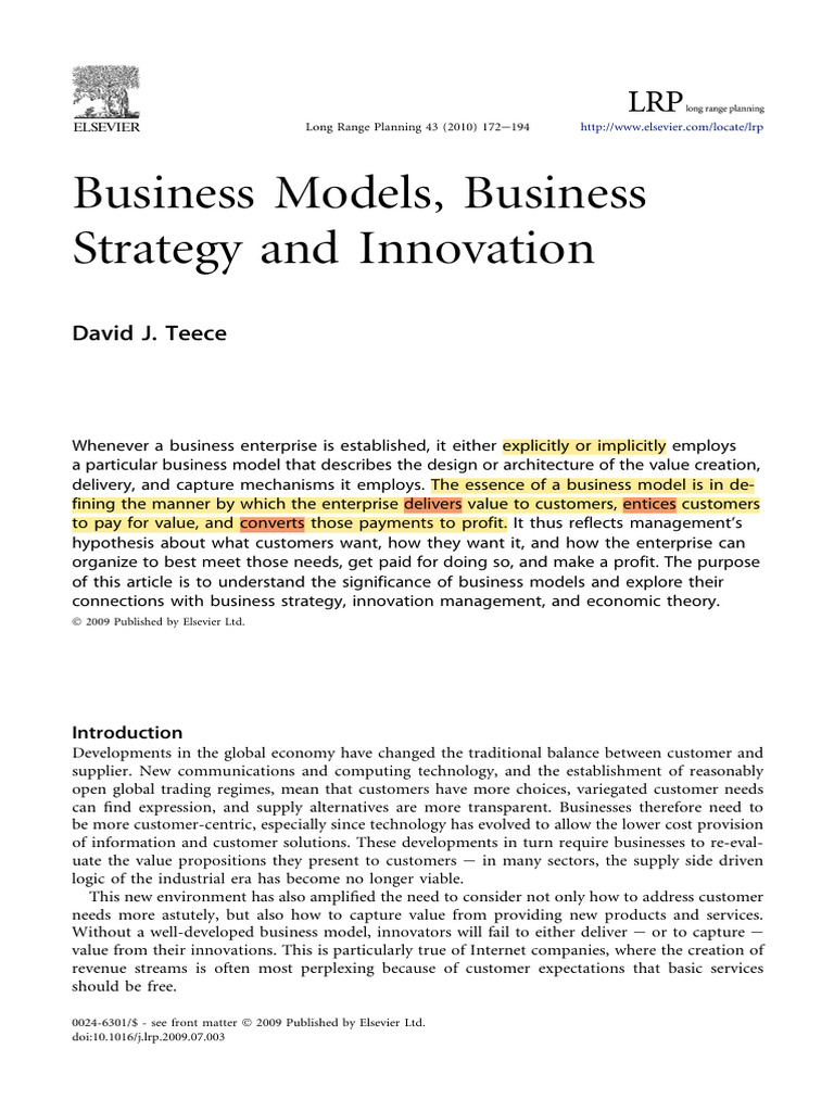 Teece (2010) | PDF | Business Model | Strategic Management