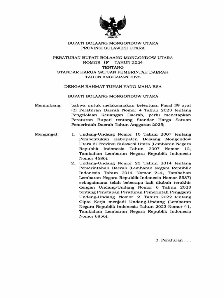 Perbup No 15 Tahun 2024 TTG STANDAR HARGA SATUAN PEMERINTAH DAERAH Ta ...
