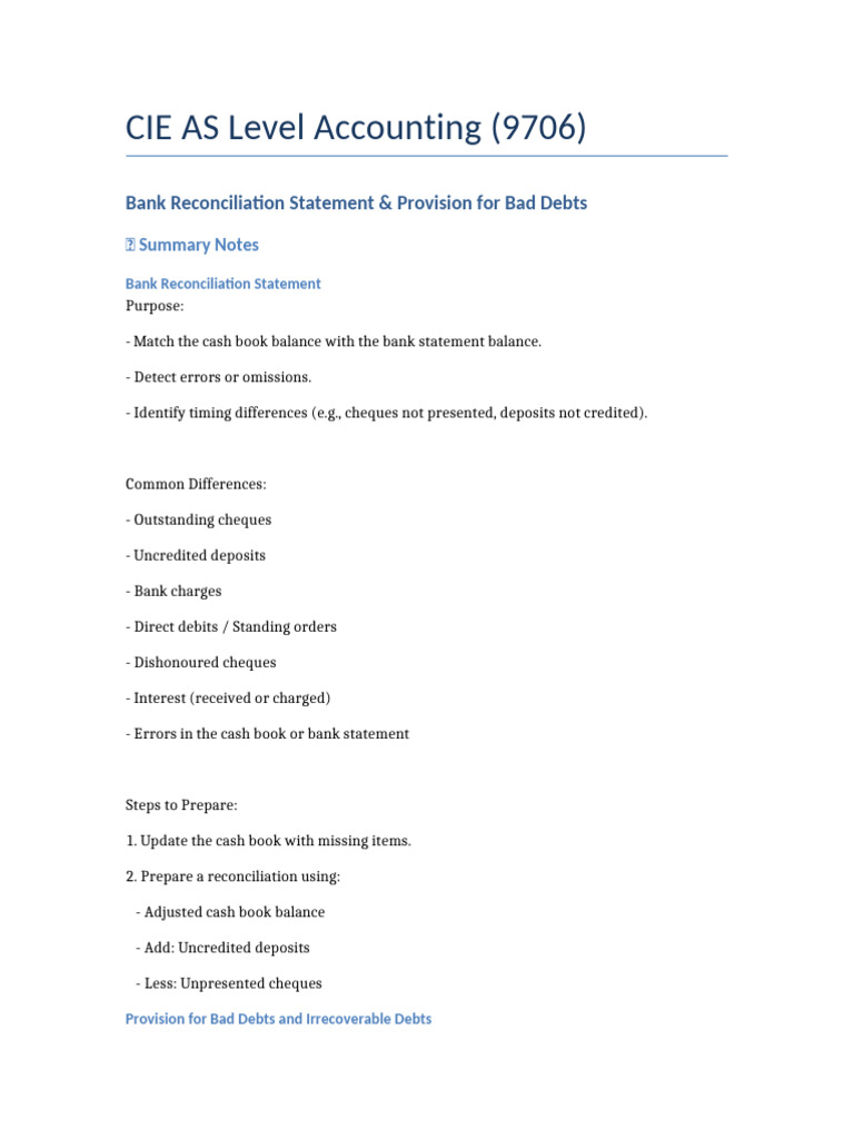Bank Reconciliation & Bad Debts Guide | PDF | Bad Debt | Income Statement