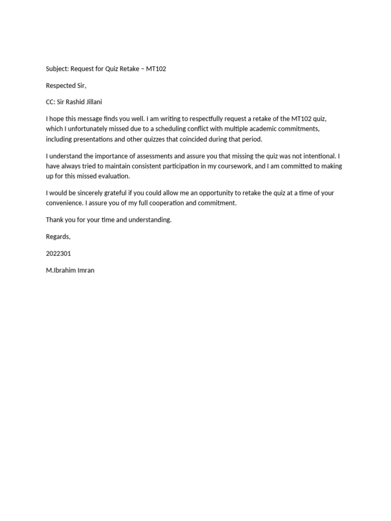 Request to Retake MT102 Quiz | PDF