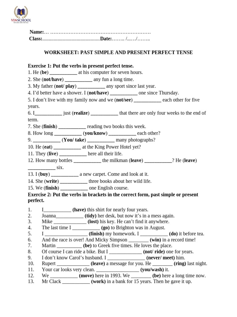 Worksheet - Past Simple and Present Perfect Tense | PDF | Grammatical ...
