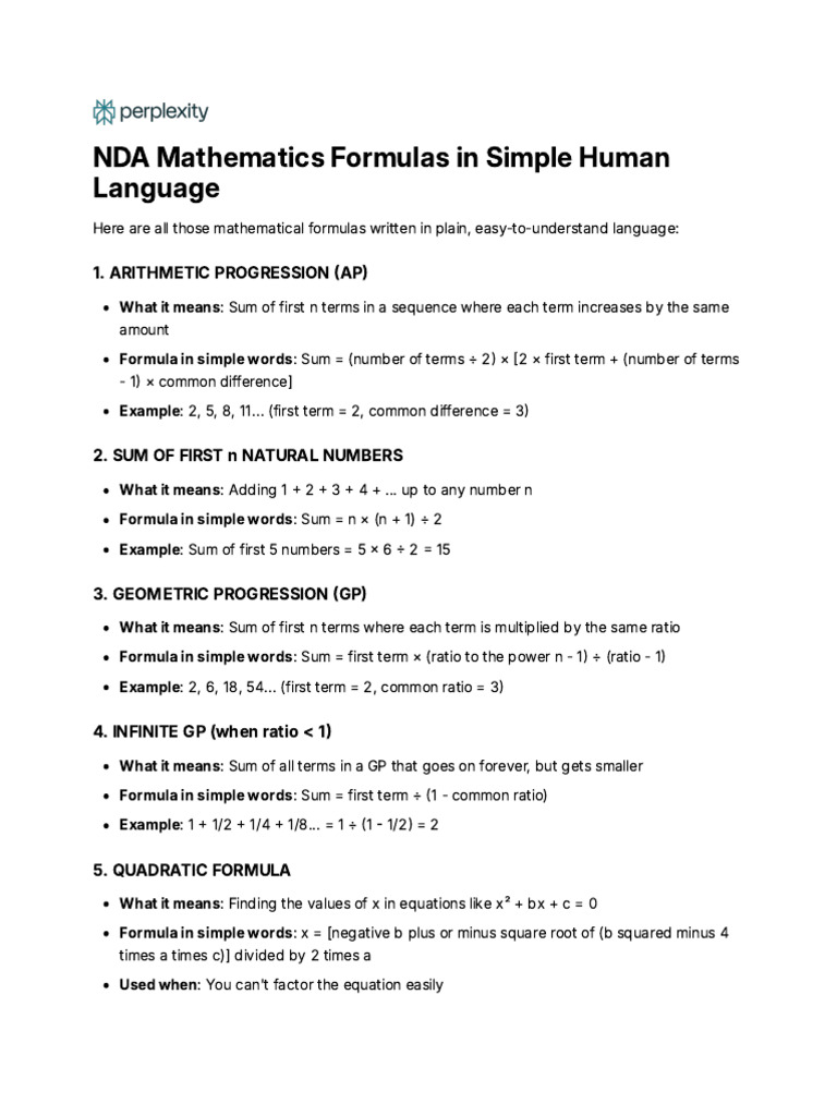 NDA Mathematics Formulas in Simple Human Language | PDF
