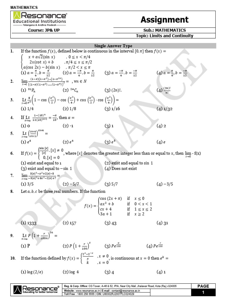 JP & Up - Assignment - Mathematics - Limits and Continuity | PDF | Mathematics | Mathematical ...