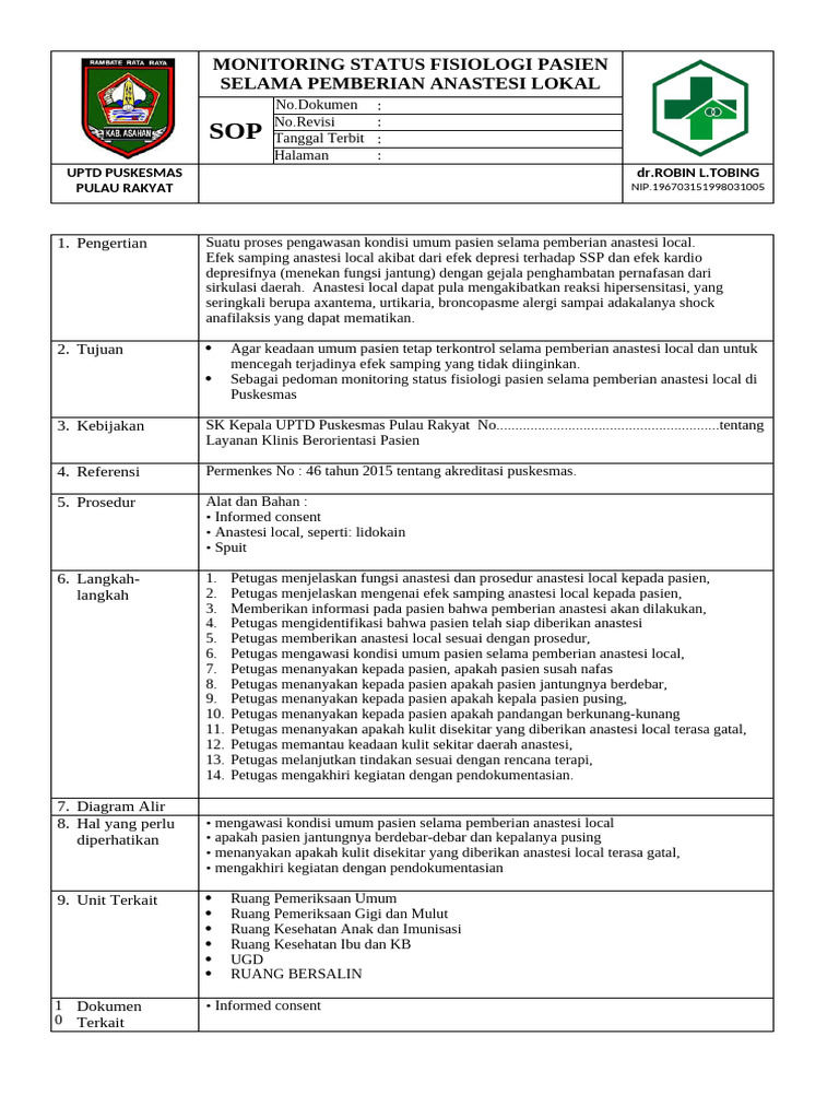 Sop Monitoring Status Fisiologi Pasien Selama Pemberian Anastesi Lokal ...