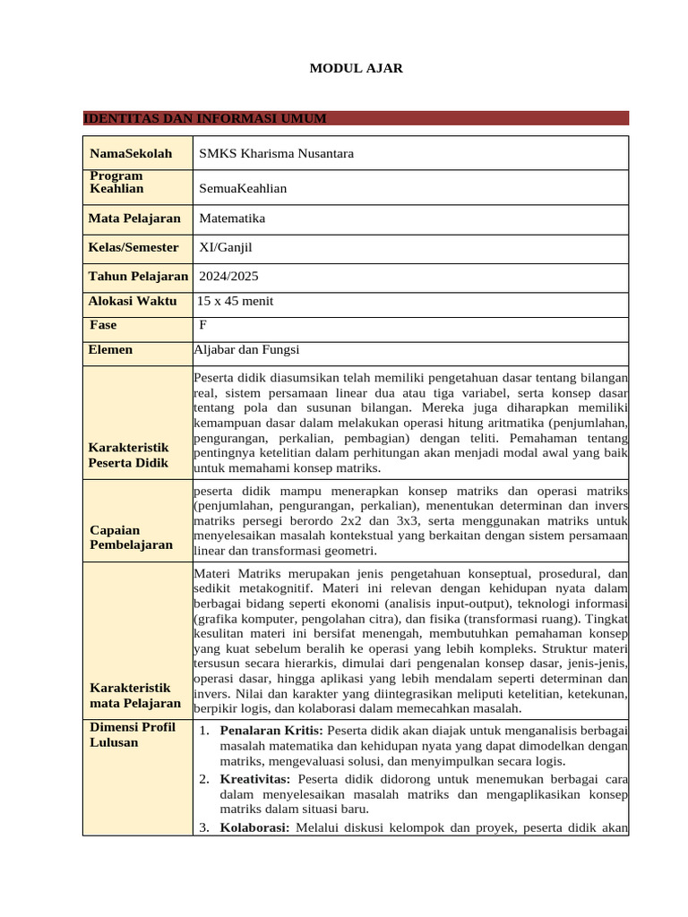 Modul Ajar Matriks | PDF