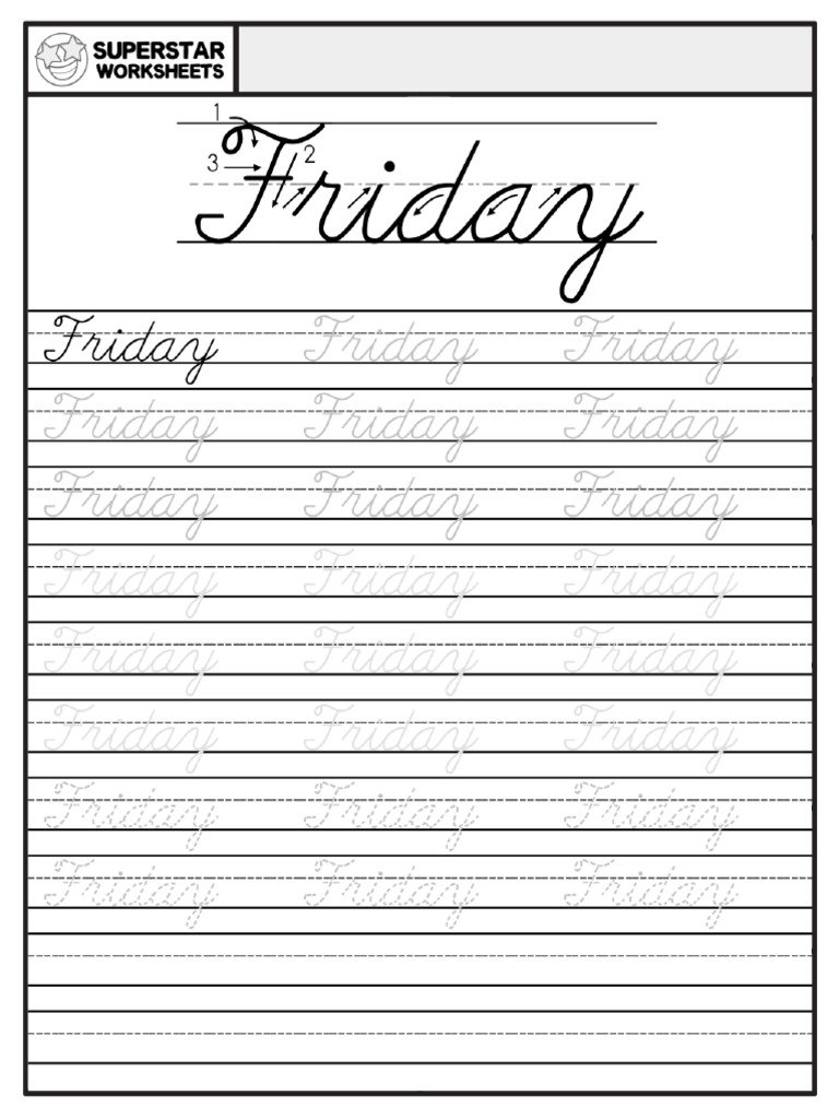 Cursive Days of The Week Worksheet Friday | PDF