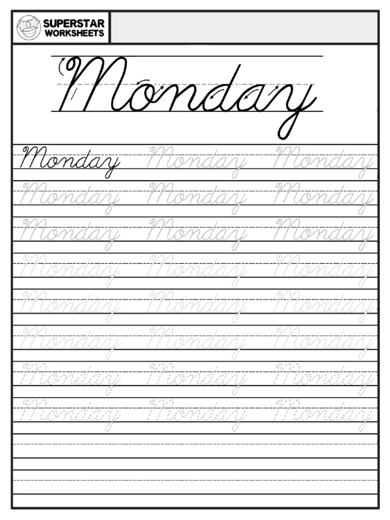 Cursive Days of The Week Worksheet Monday | PDF